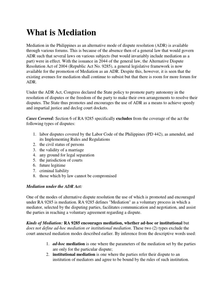 What Is Mediation: Cases Covered: Section 6 of RA 9285 Specifically ...