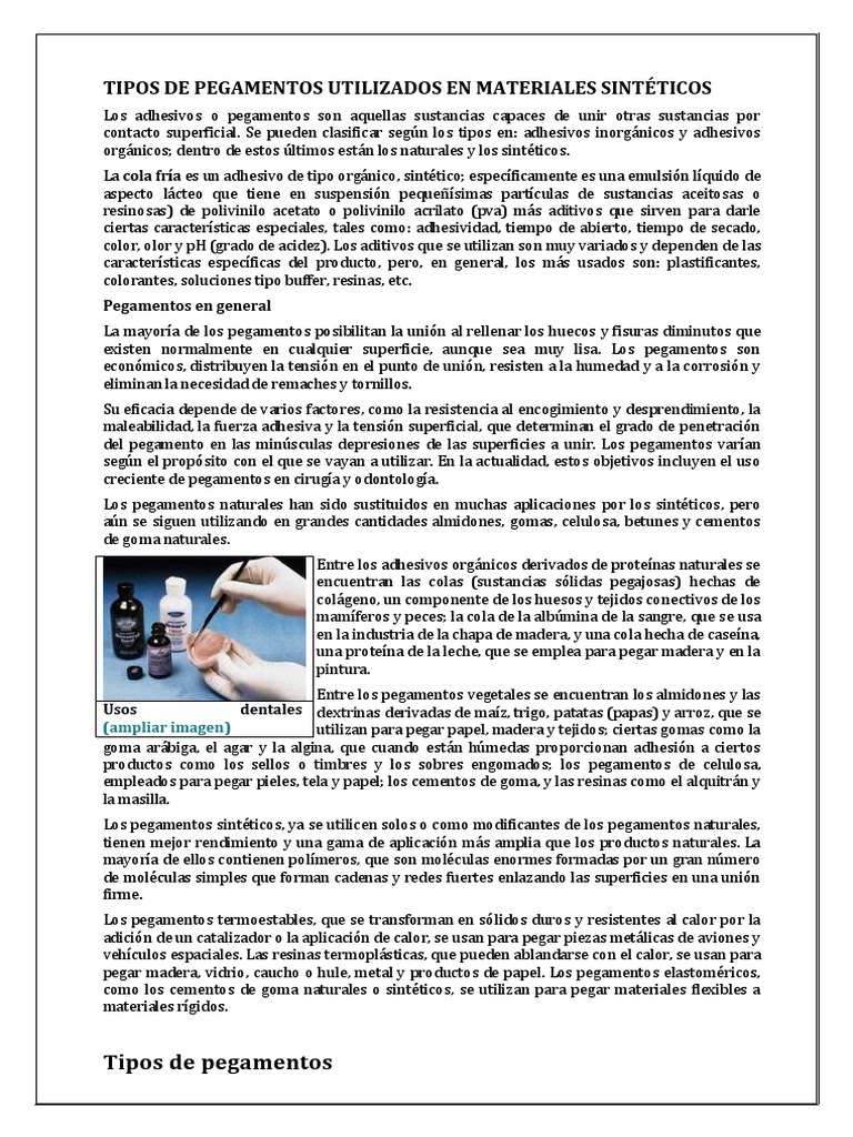 Tipos de Pegamentos Utilizados en Materiales Sintéticos | PDF | Polímeros | Solvente