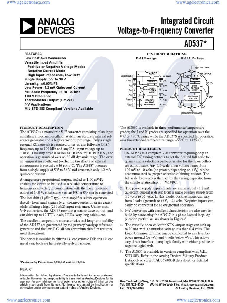 Integrated Circuit Voltage-to-Frequency Converter AD537 | PDF ...