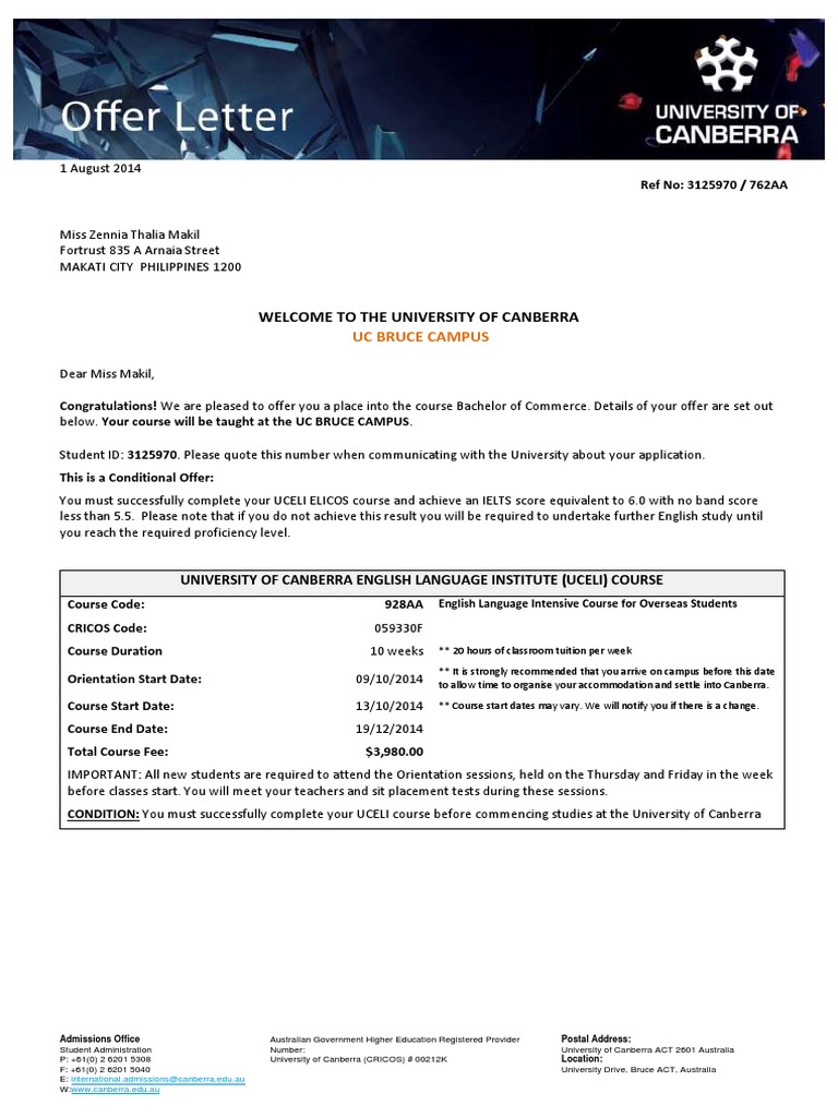 Offer letter | Tuition Payments | Travel Visa