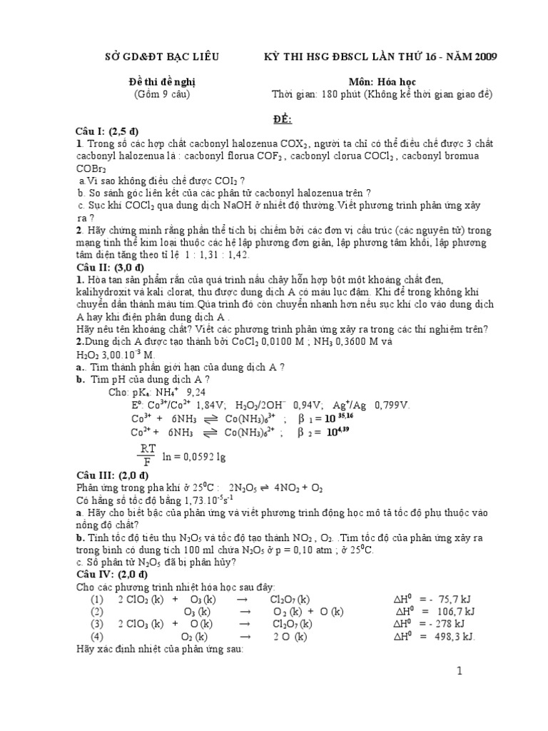 De Thi HSG Hoa - BacLieu | PDF