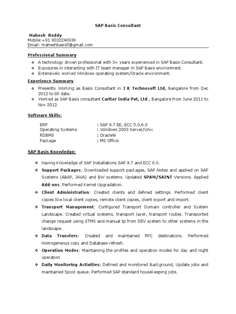 SAP Basis Consultant Mahesh Reddy | PDF | Oracle Database | Operating System