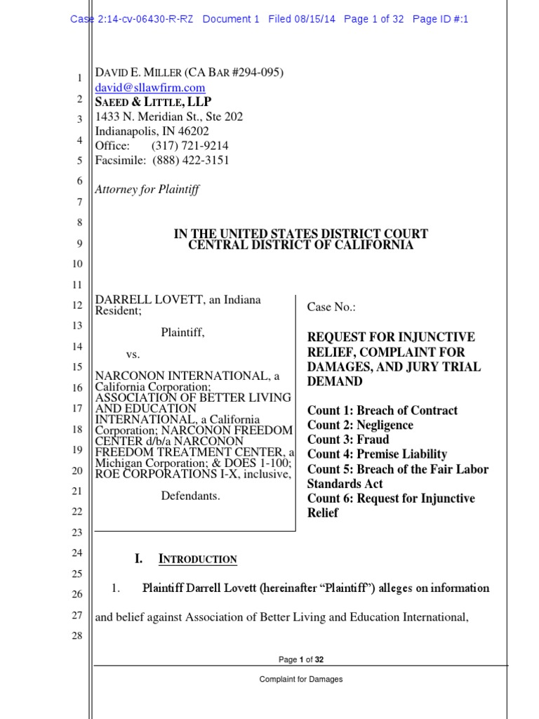 Darrell Lovett v. Narconon: Complaint | PDF | Complaint | Negligence
