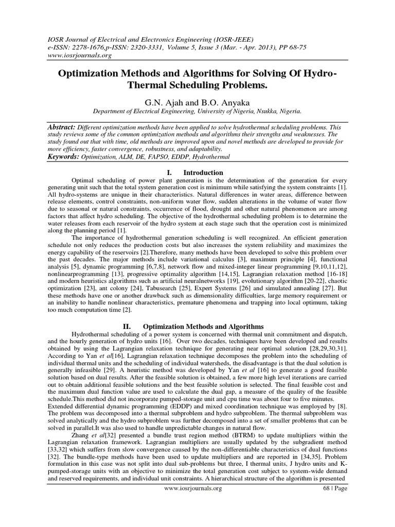 Optimization Methods And Algorithms For Solving Of Hydrothermal Scheduling Problems Download