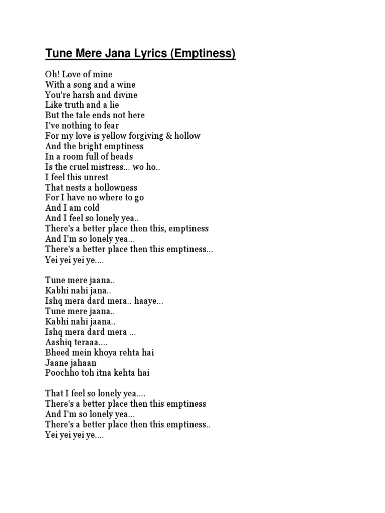 Tune Mere Jana Lyrics (Emptiness) | PDF | Poetry