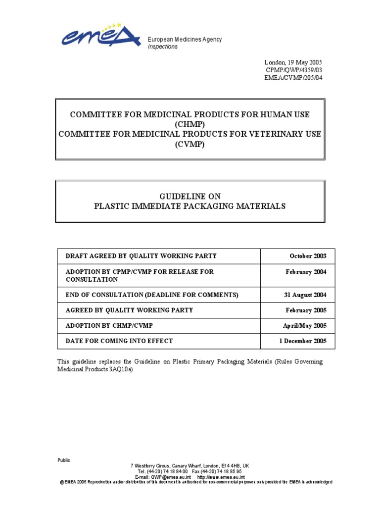 EMEA Guideline on Immediate Packaging Materials, | Pharmaceutical ...
