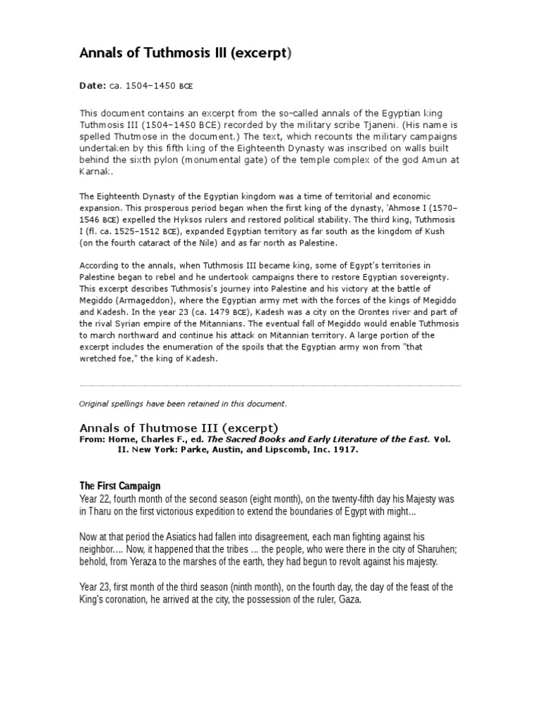 Annals of Tuthmosis III (Excerpt: Date: Ca. 1504-1450 | PDF | Armed ...