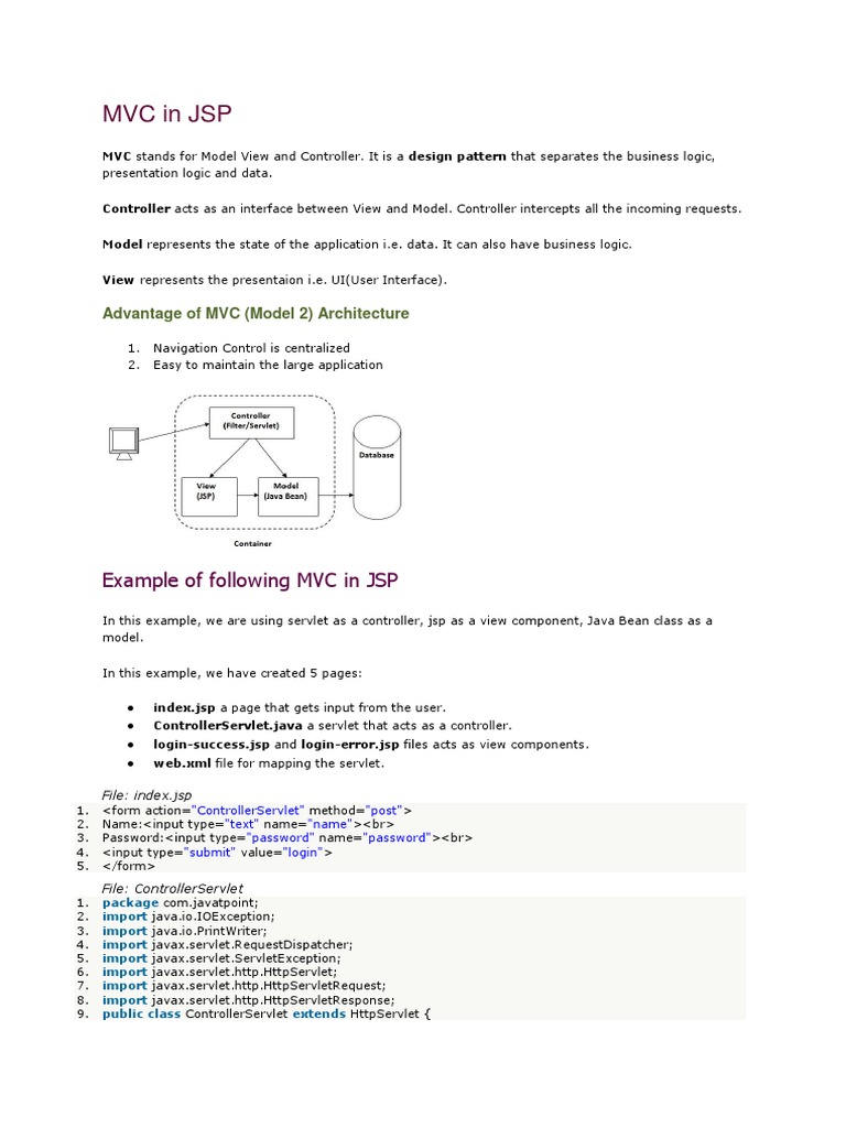 MVC JSP Guide Shows Example Using Servlet Controller | PDF | Java ...