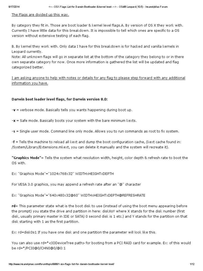 OSX Flags List For Darwin Bootloader & Kernel Level - OSx86 Leopard | PDF | Booting | Personal ...