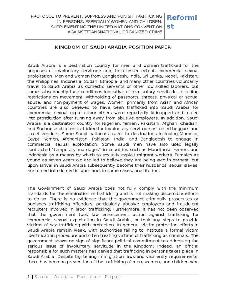 Saudi Arabia's Position Paper | PDF | Human Trafficking | Victimology