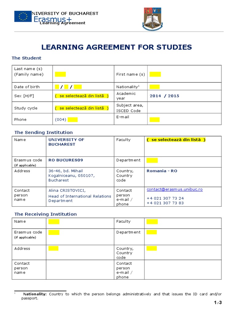 University of Bucharest Learning Agreement | PDF | Teaching Methods ...