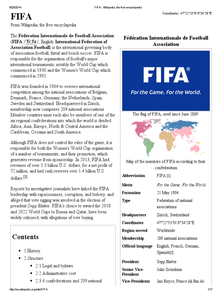 FIFA - Wikipedia, The Free Encyclopedia | PDF | Fifa | Sports Organisations