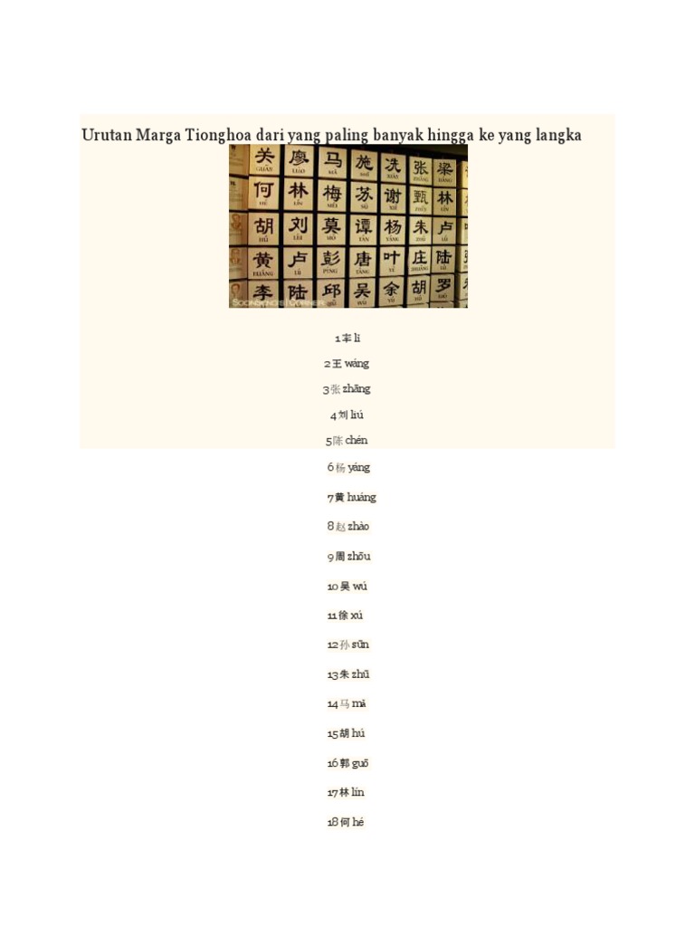 Urutan Marga Tionghoa Dari Yang Paling Banyak Hingga Ke Yang Langka | PDF