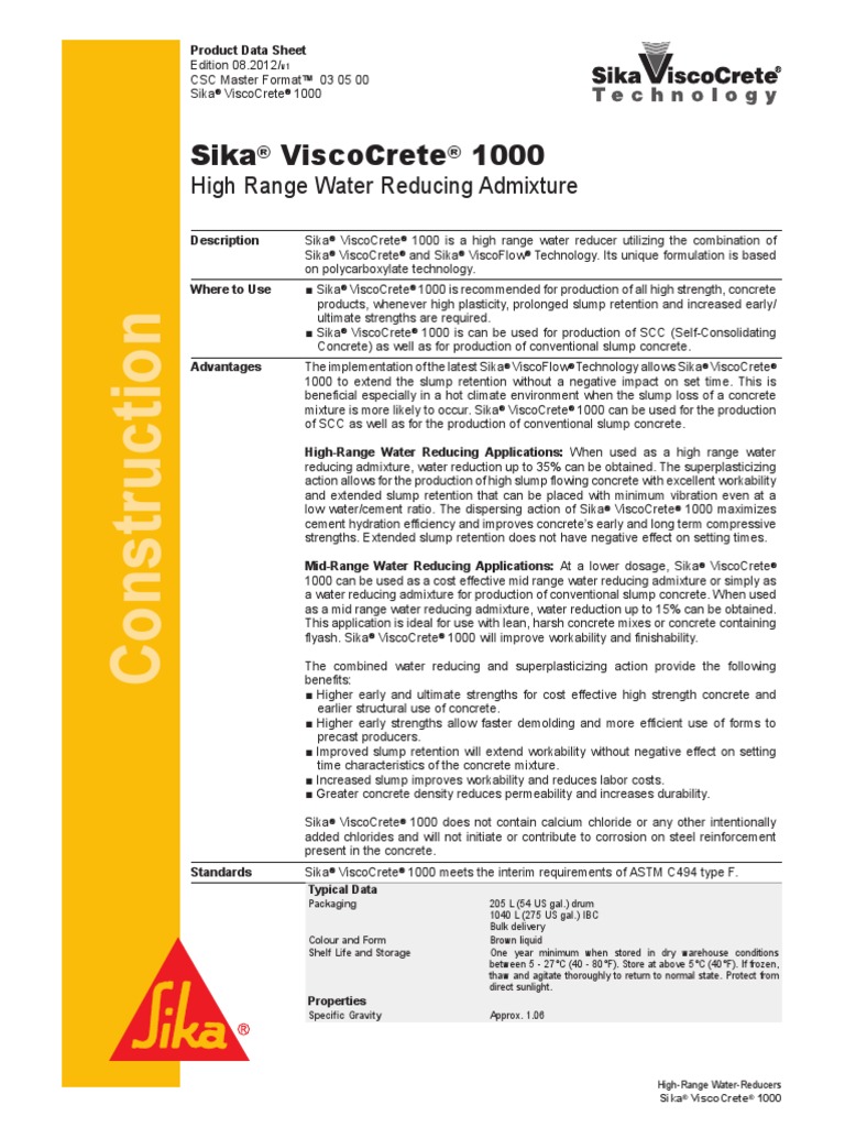 Sika Viscocrete 1000: High Range Water Reducing Admixture | PDF ...