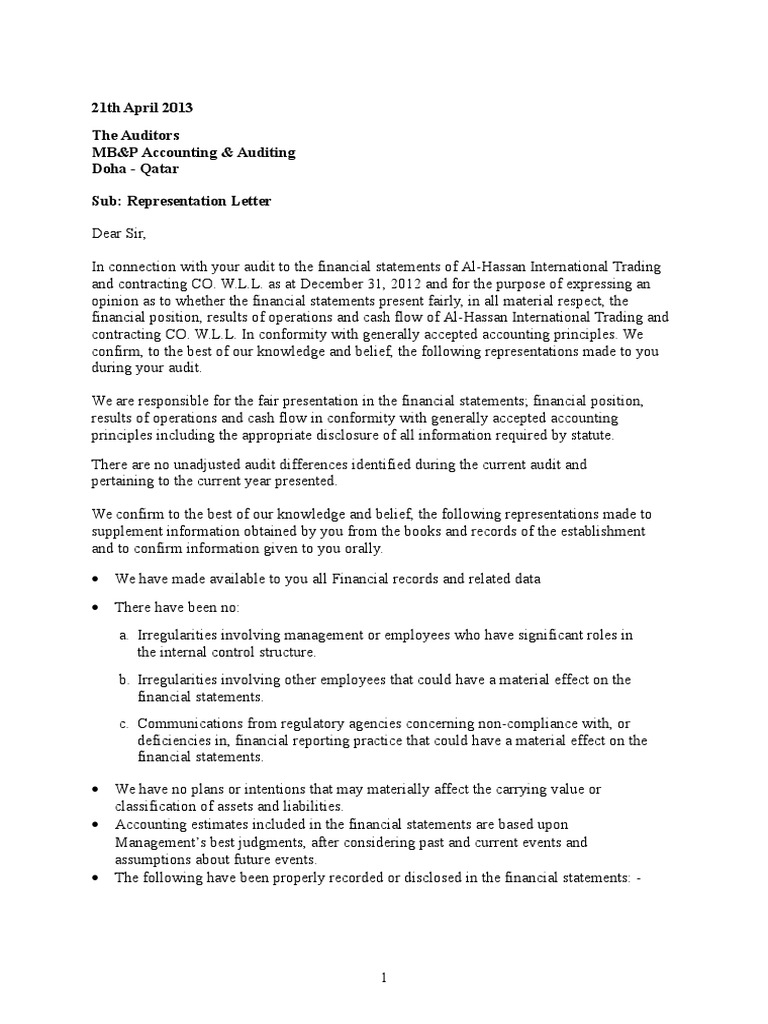 Representation Letter 2012 | PDF | Financial Statement | Audit