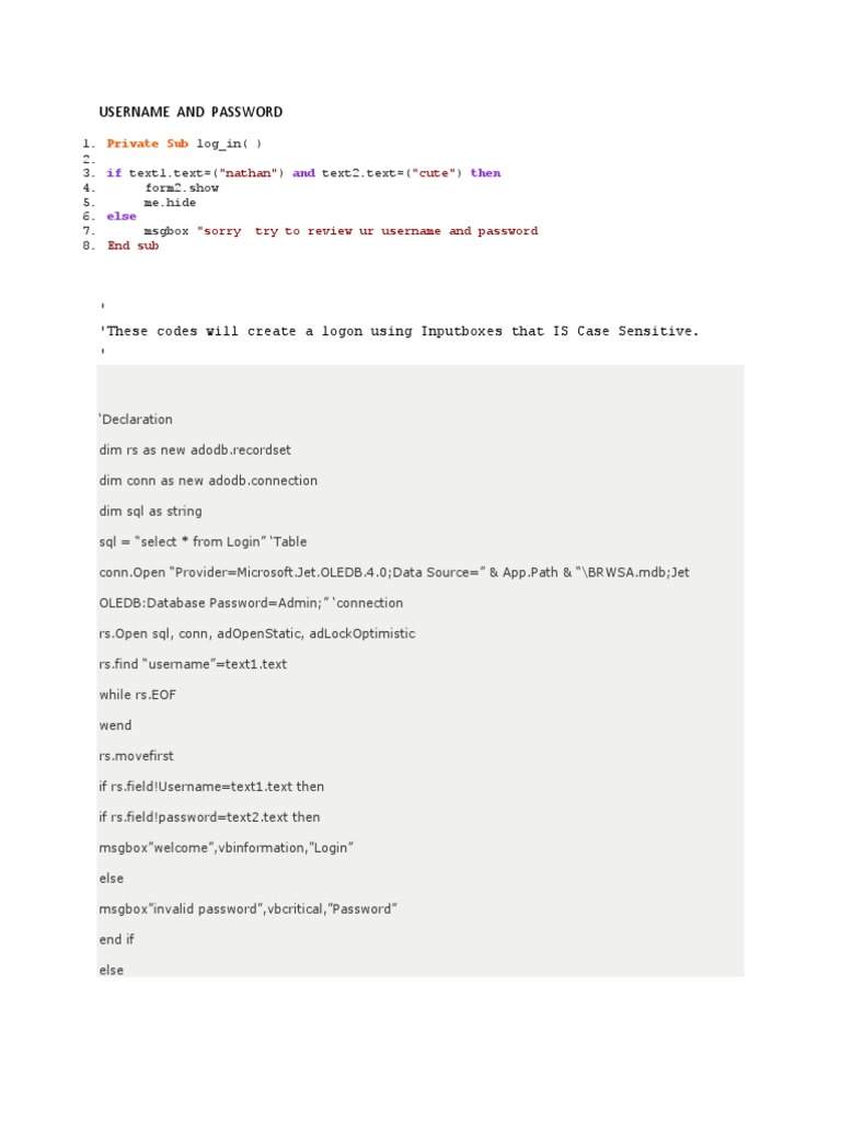 Username and Password: ' 'These Codes Will Create A Logon Using ...