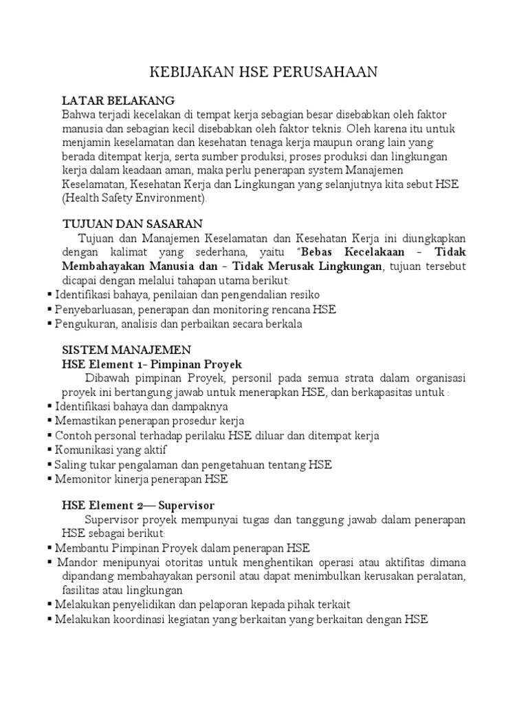 Kebijakan HSE Perusahaan dan Implementasinya | PDF | Bisnis