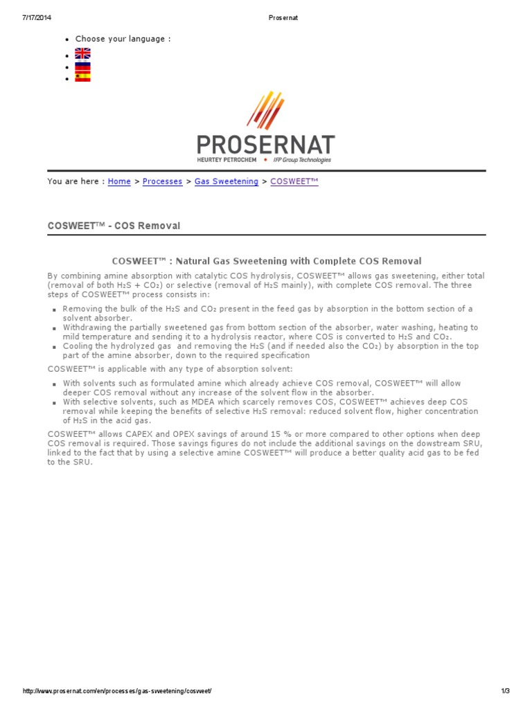 Prosernat COSWEET For COS Removal | PDF | Carbon Dioxide | Chemical ...
