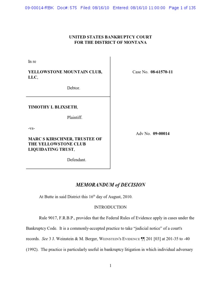Blixseth 8-16-10 Bcy Decision | PDF | Credit (Finance) | Credit Suisse