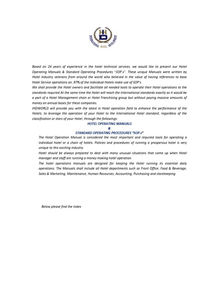 Hotel Operating Manuals & Standard Operating Procedures "Sop.S | PDF ...