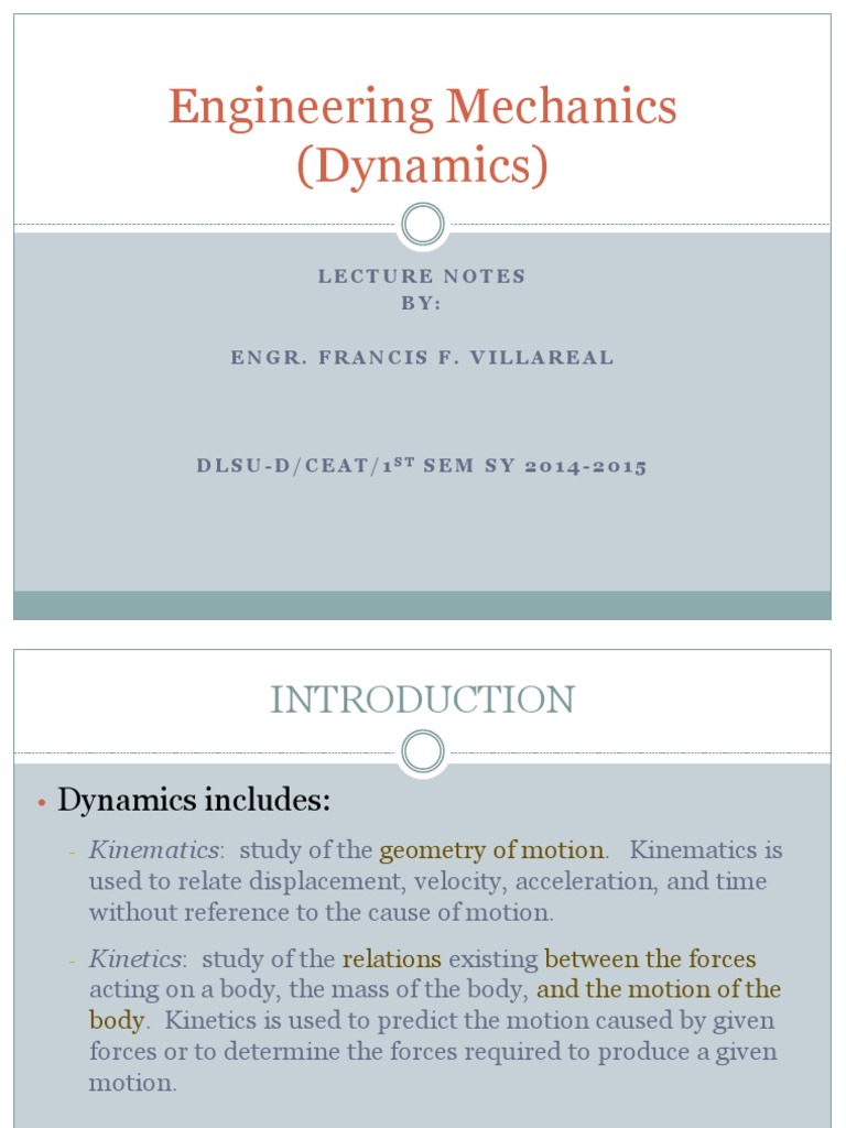 Lecture - Intro To Dynamics & Kinematic Motion | PDF | Acceleration | Velocity