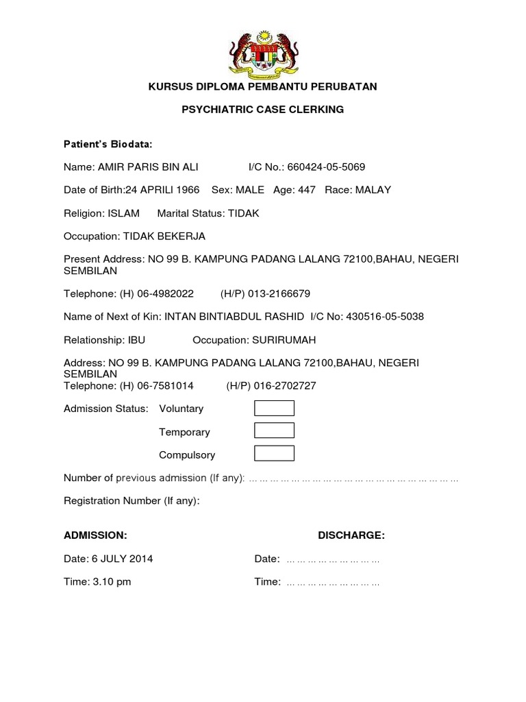 CASE CLERKING Format - Psychiatry AYuni | PDF