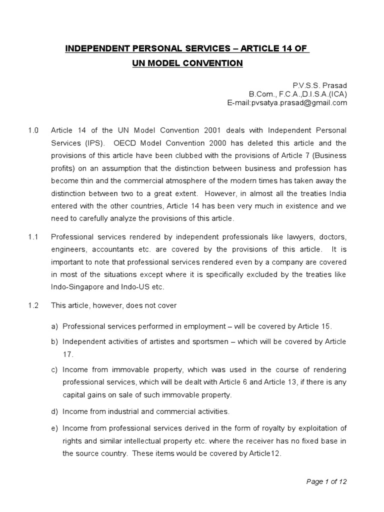 Independent Personal Services - Article 14 of Un Model Convention | PDF ...