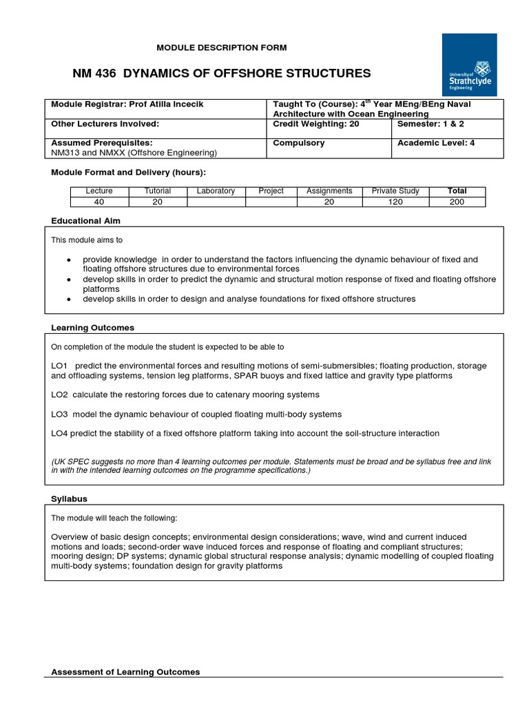 NM 436 Dynamics of Offshore Structures | PDF | Educational Assessment ...