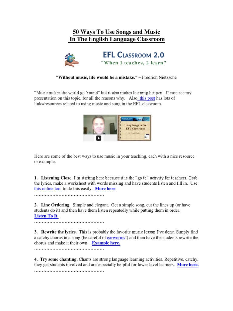 50 Creative Ways to Use Music in EFL | PDF | Language Arts & Discipline ...