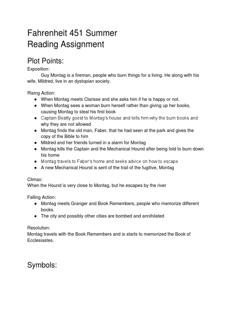 Fahrenheit 451 Summer Reading Assignment: Plot Points | PDF