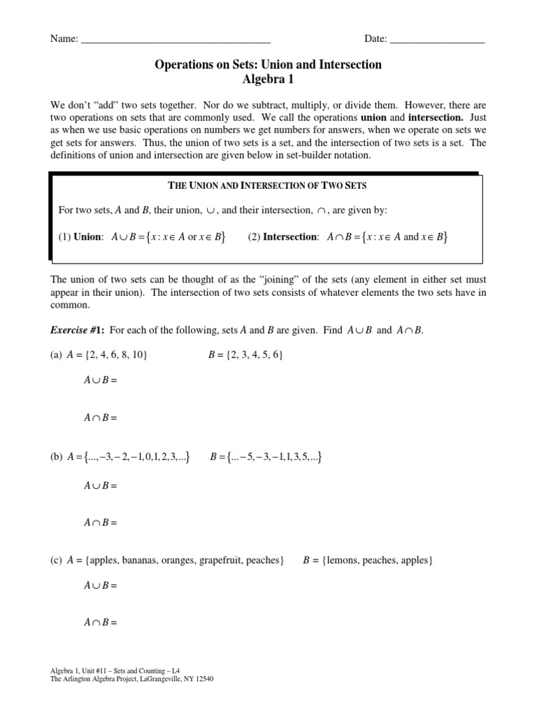 U 11 L 4 Union and Intersection | PDF | Intersection (Set Theory) | Discrete Mathematics