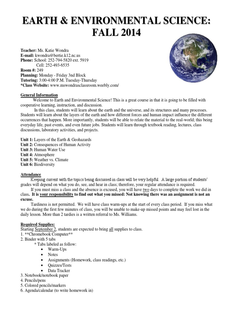 Earth and Environmental Course Syllabus | PDF | Homework | Teaching And ...
