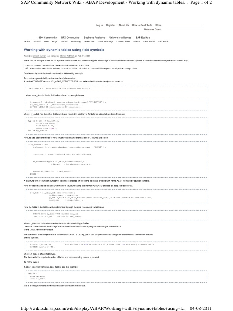Working With Dynamic Tables Using Field Symbols Pdf Pdf Variable 5231