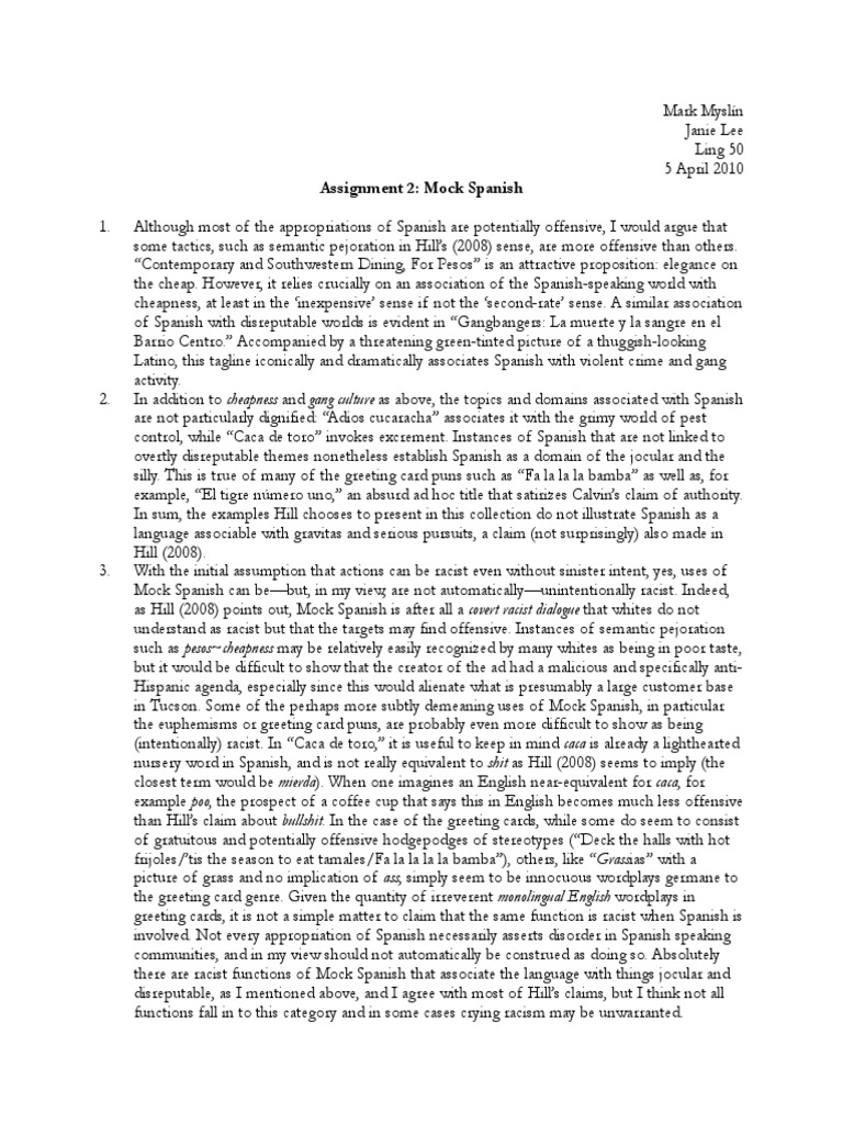 Assignment 2: Mock Spanish | PDF | Racism | Discrimination & Race Relations