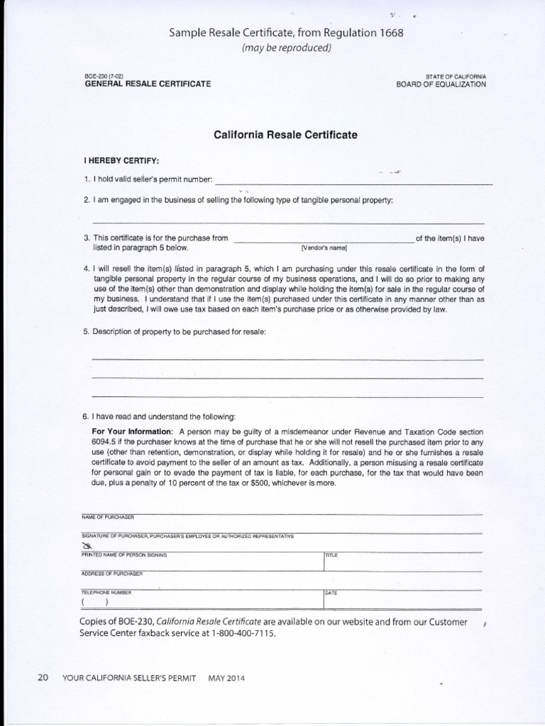 Sample Resale Certificate, From Regulation 1 6 6 8 (May Be Reproduced ...