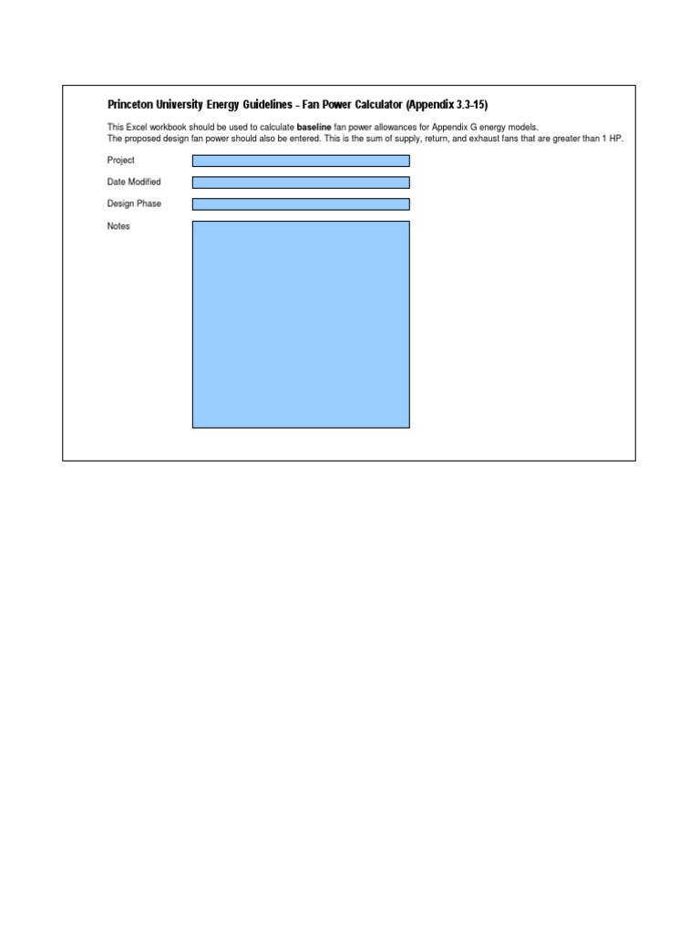 Princeton University Energy Guidelines - Fan Power Calculator (Appendix ...