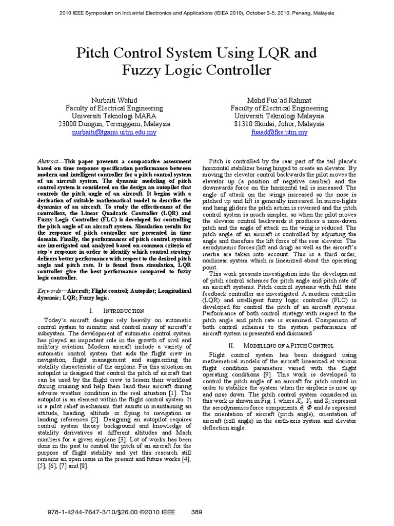 Pitch Control System Using LQR and Fuzzy Logic Controller: Nurbaiti@tganu - Uitm.edu - My Fuaad ...
