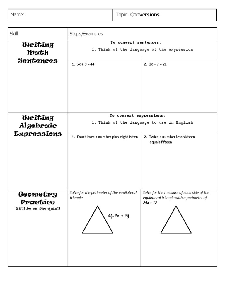 Writing Math Sentences: Name: Topic: Conversions | PDF | Teaching ...