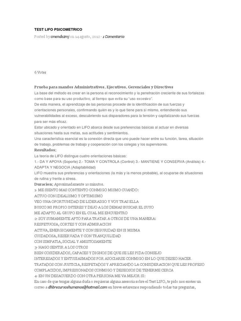 Test Lifo Psicometrico | PDF | Liderazgo | Sicología