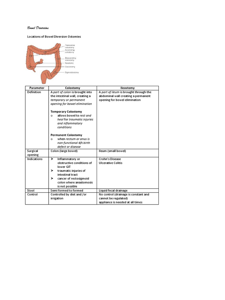 Bowel Diversion: Parameter Colostomy Ileostomy | PDF