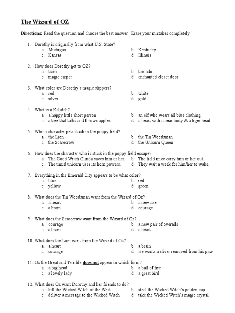 Wizard of Oz Test | PDF | Dorothy Gale | Scarecrow (Oz)