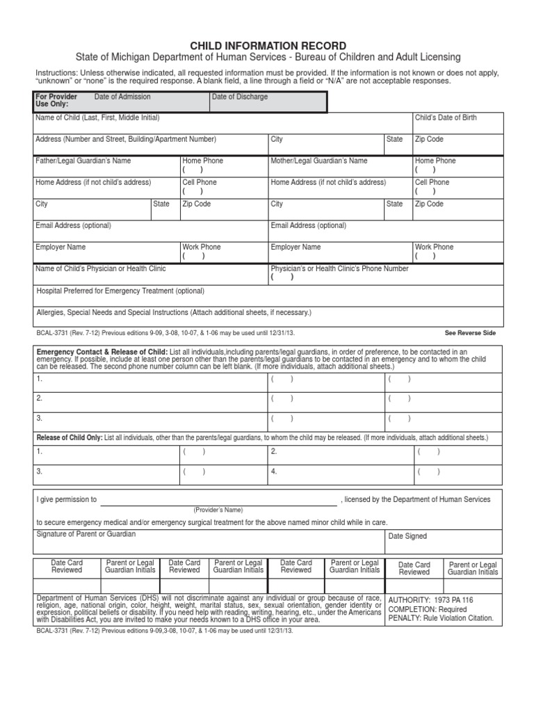 Bcal-3731 212621 7 Child Information Record | PDF | Parent | Relationships