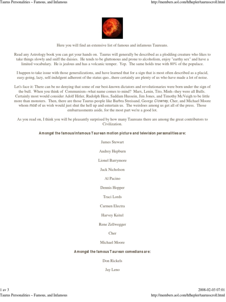 Famous and Infamous Taurus Personalities | PDF | Leisure | Violence