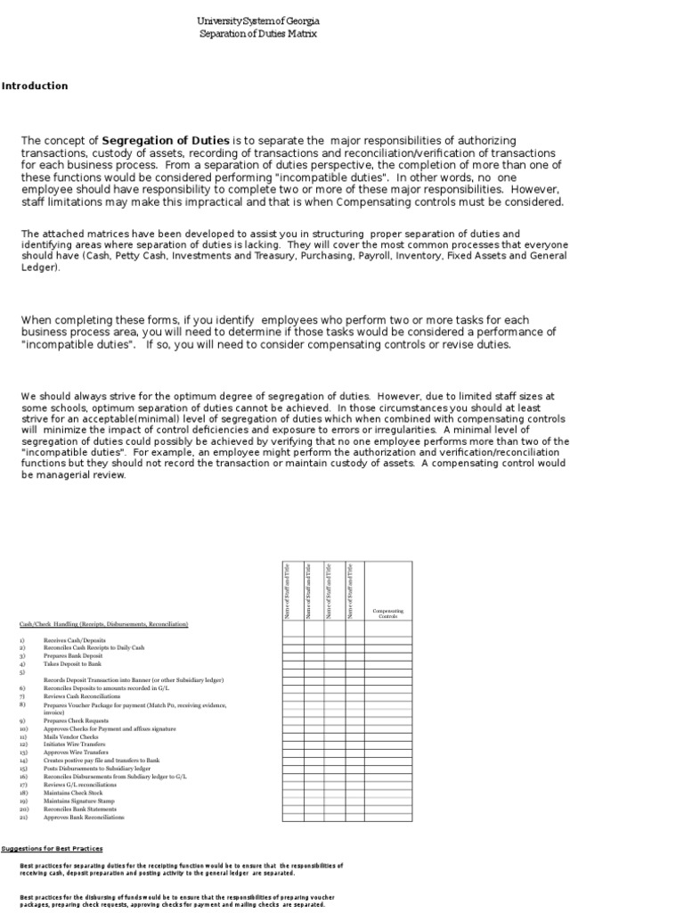 Segregation Of Duties Matrix Payroll Inventory