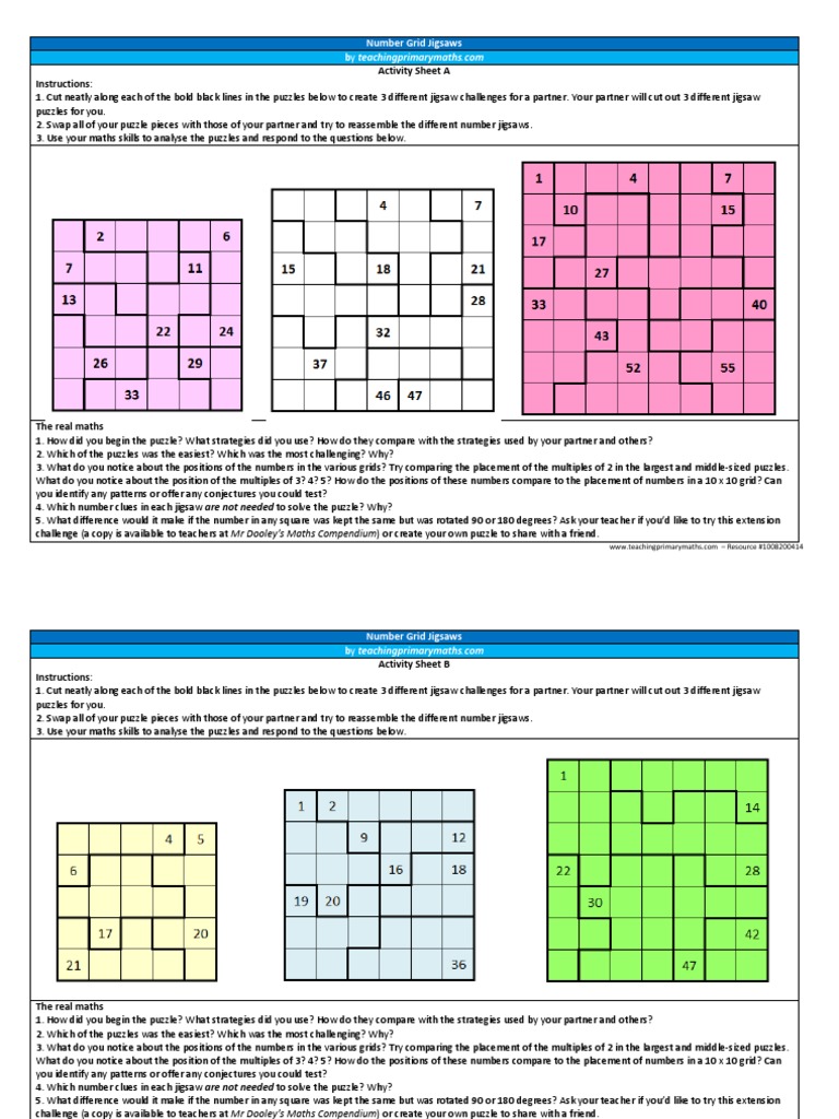 Number Grid Jigsaws | PDF | Puzzles | Pedagogy