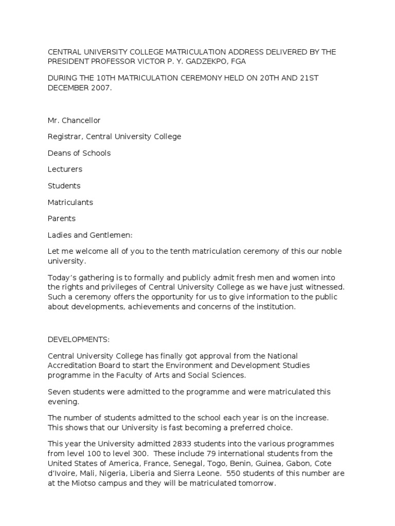 Matriculation Speeches | PDF | Master Of Business Administration ...