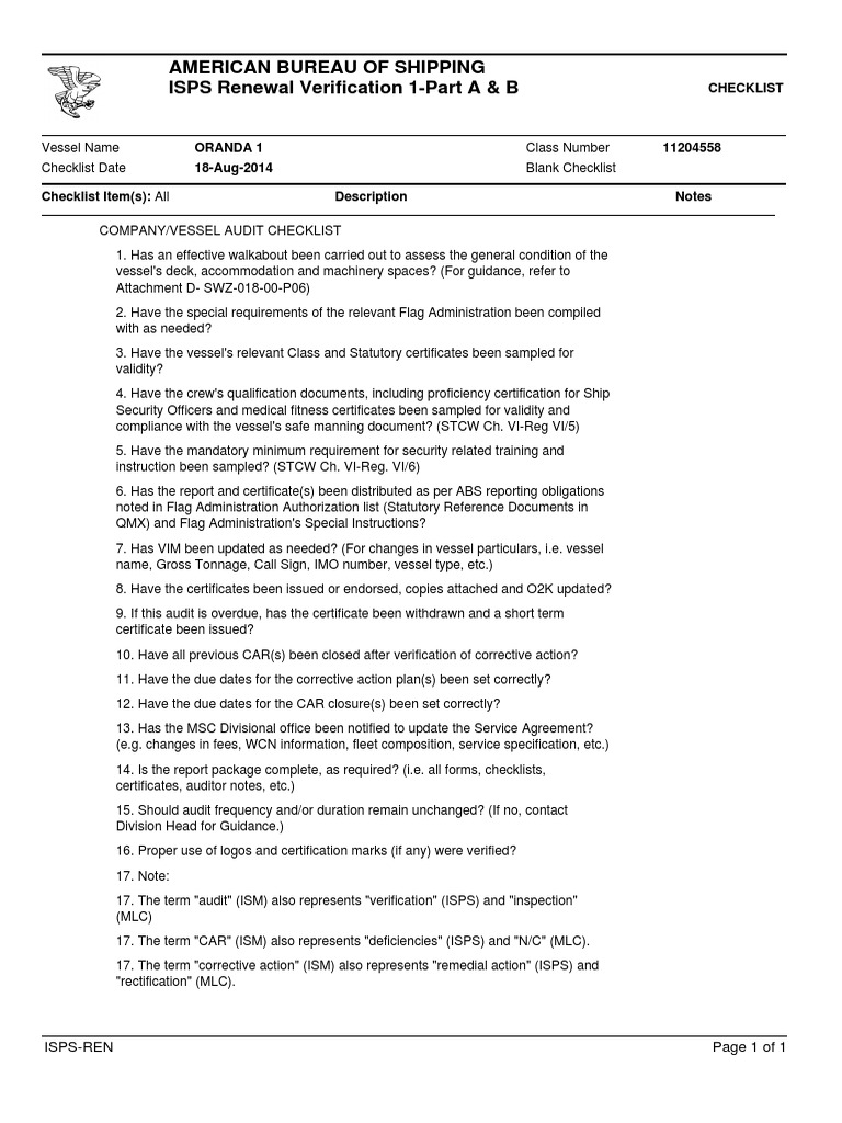 ABS ISPS Company - Vessel Audit Checklist | Audit | Business