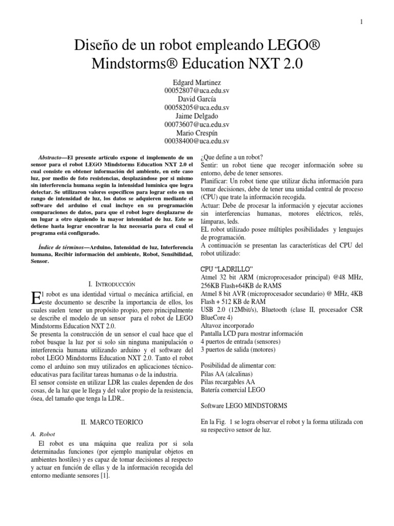 Diseño de Un Robot Empleando LEGO MINDSTORMS NXT 2.0 | PDF | Arduino ...