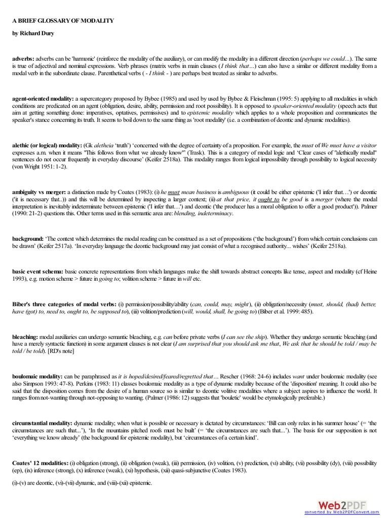 A Brief Glossary of Modality | PDF | Modal Logic | Verb