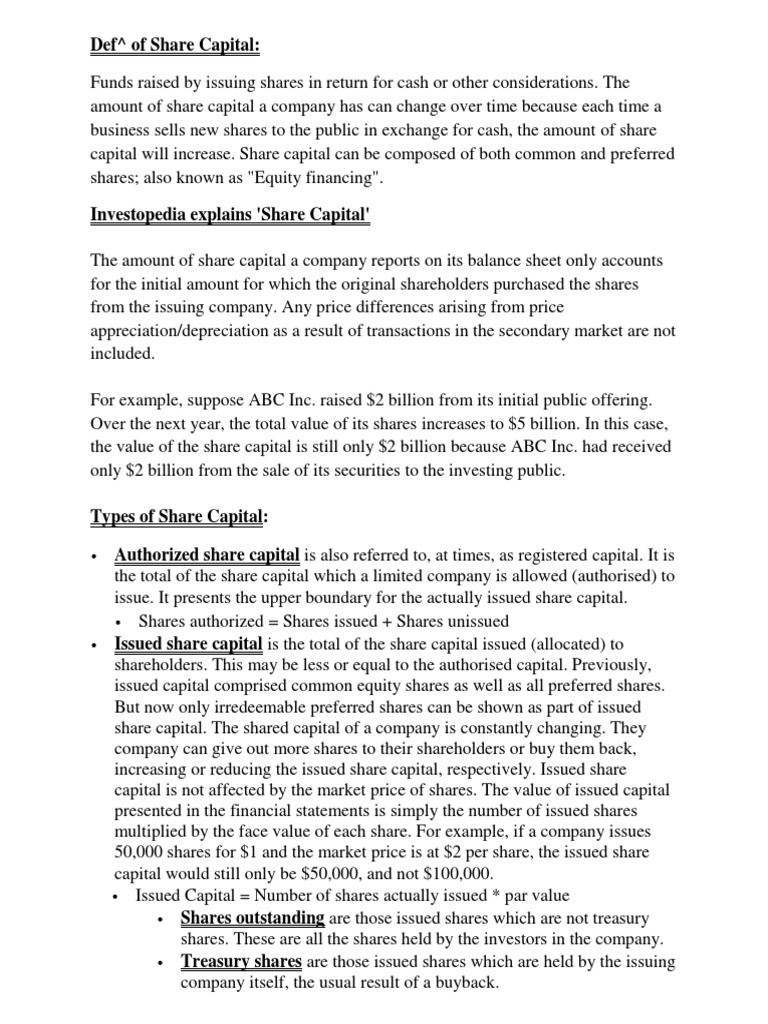 Share Capital & Types of Share Capital | PDF | Financial Capital ...